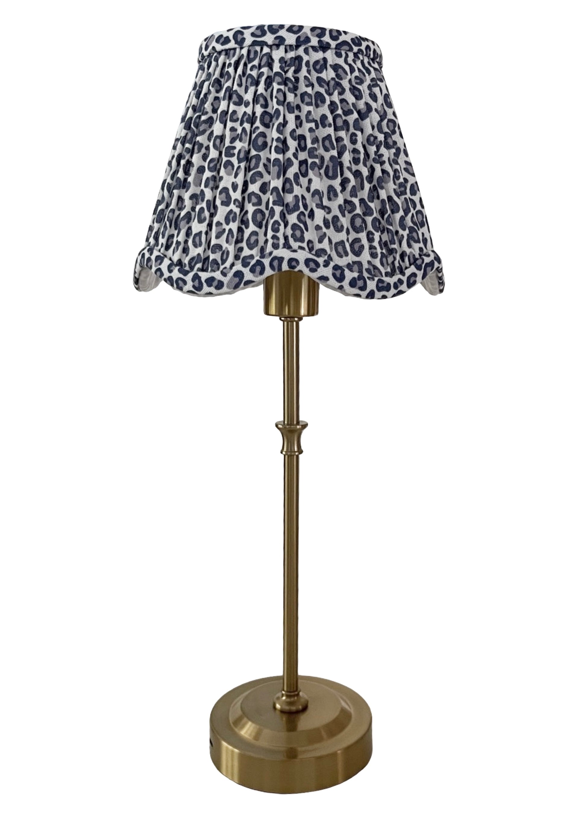 'Iris' Brushed Gold Cordless Lamp Base with 'Coco' Blue Ocelot Shade ...